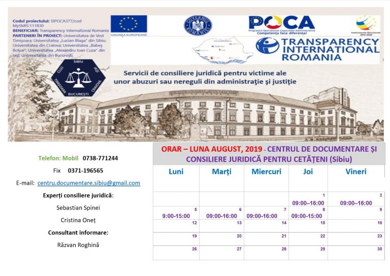 ORAR – LUNA AUGUST, 2019 – CENTRUL DE DOCUMENTARE ȘI CONSILIERE ...